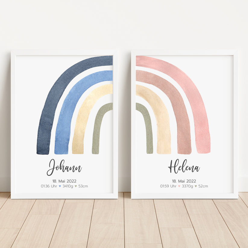 Geburtsposter Zwillinge Geschwister Geburtsdaten Regenbogen Junge Mädc ...